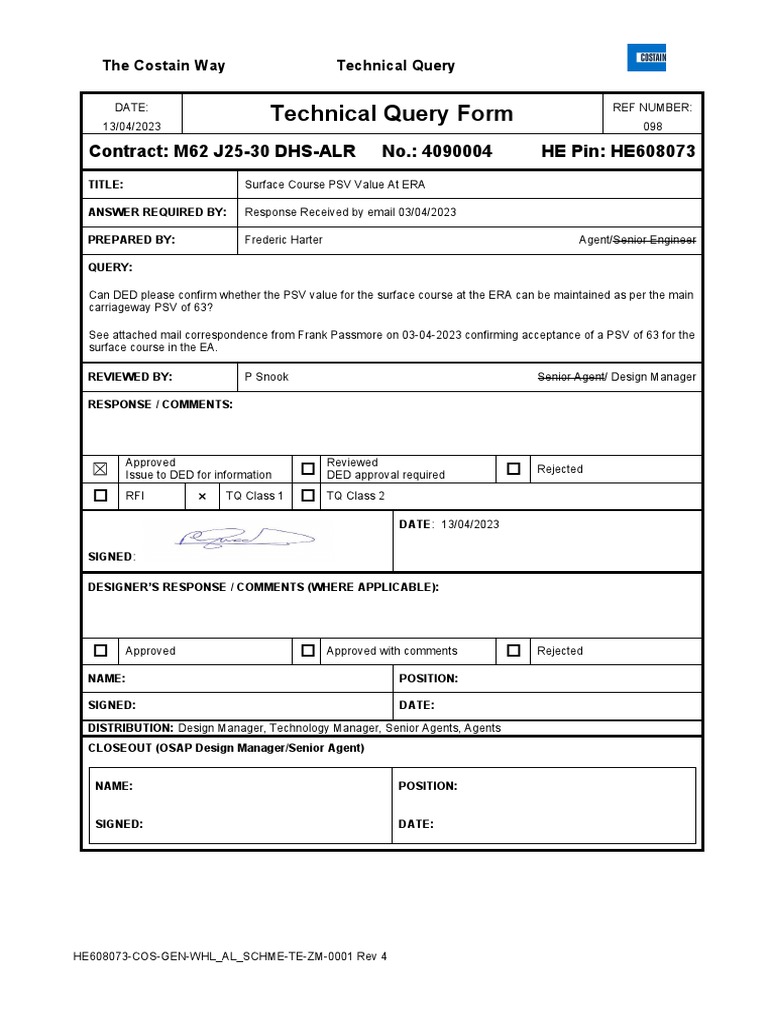Technical Query Form: Contract: M62 J25-30 DHS-ALR No.: 4090004 HE Pin ...