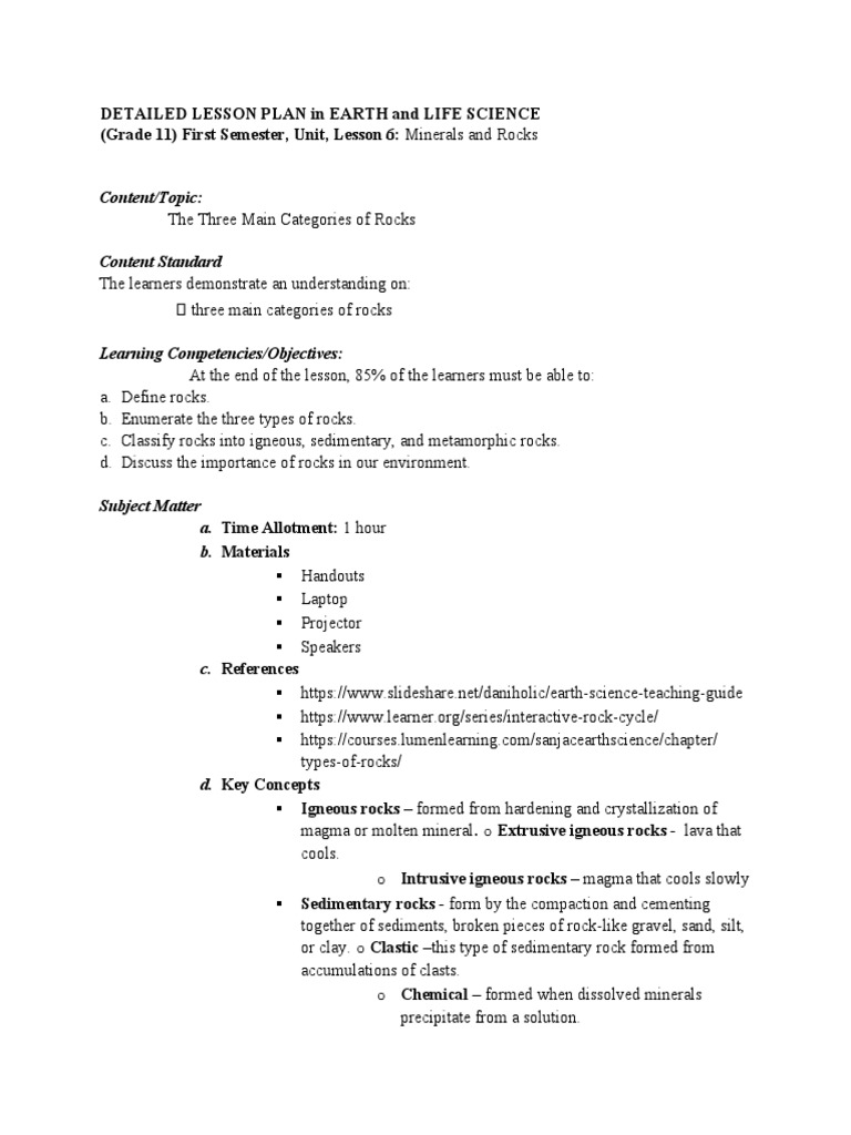 DETAILED LESSON PLAN in EARTH and LIFE SCIENCE | PDF | Rock (Geology ...