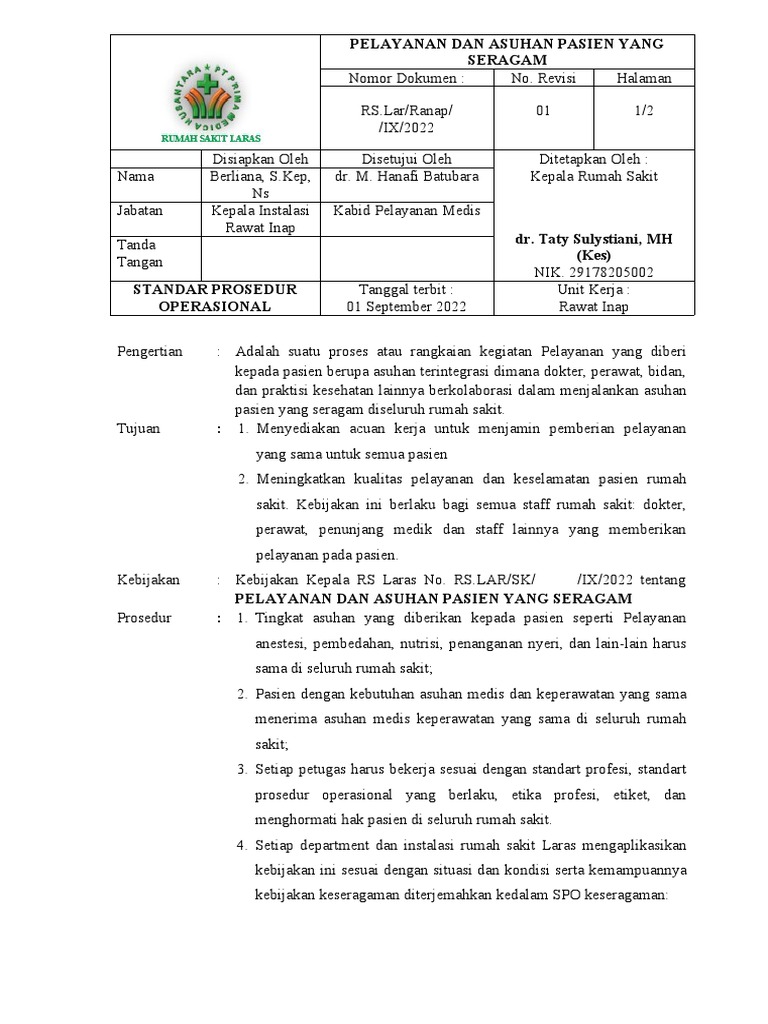 Pap 1.0a8 Spo Pelayanan Dan Asuhan Pasien Yang Seragam | PDF