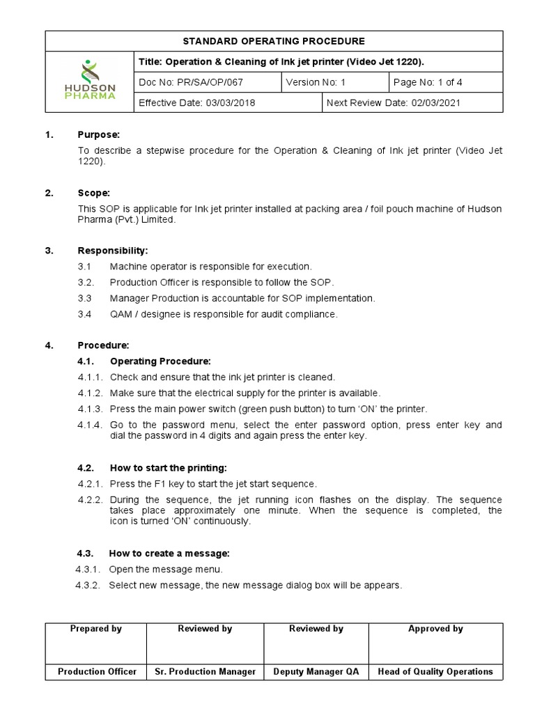 Inkjet Printer SOP for Hudson Pharma | PDF | Printer (Computing) | Printing