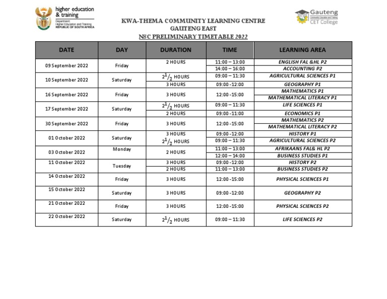2022 NSC Prelim Timetable | PDF
