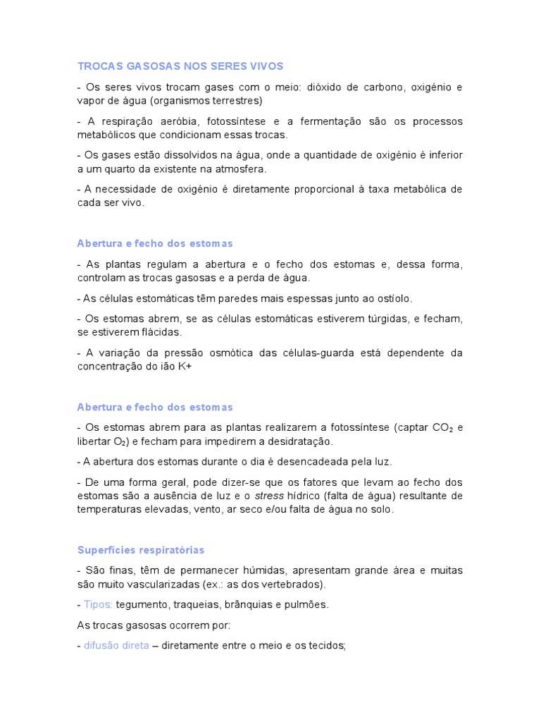Trocas Gasosas Nos Seres Vivos | PDF