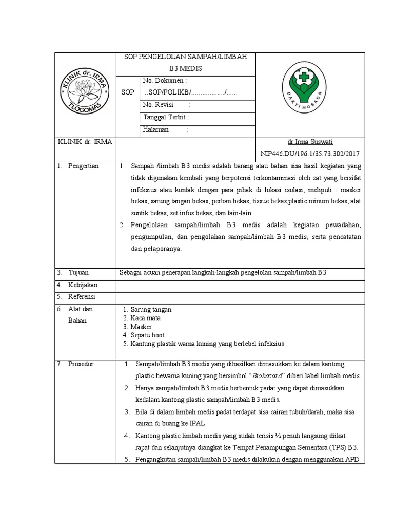 SOP Pengelolaan Limbah Medis B3 | PDF