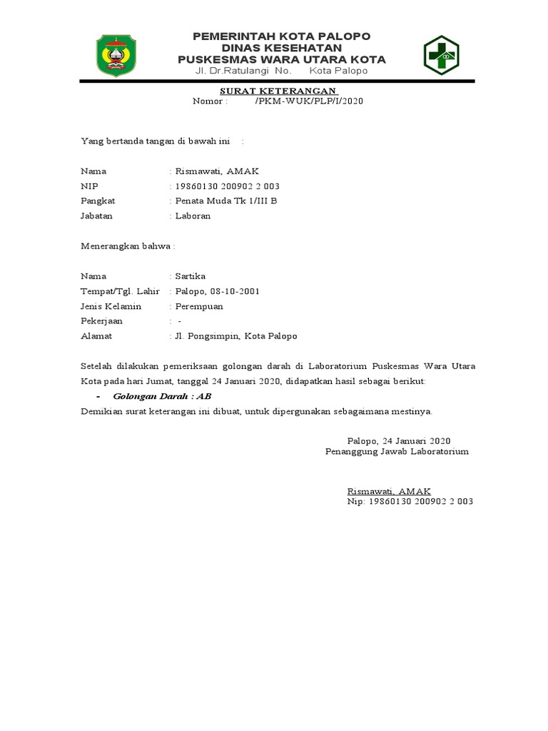 SURAT KETERANGAN Golongan Darah | PDF