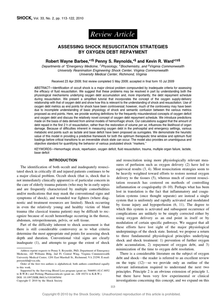 ASSESSING SHOCK RESUSCITATION STRATEGIES BY OXYGEN DEBT REPAYMENT ...
