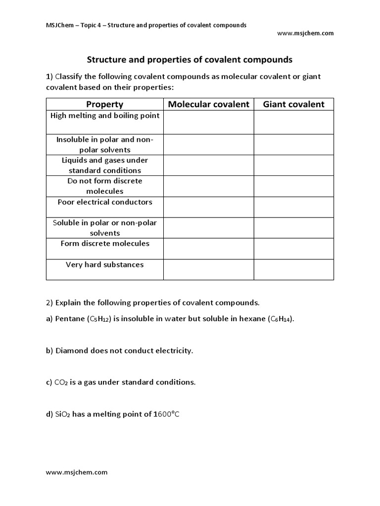 Topic 4 Structure and Properties of Covalent Compounds | PDF | Chemical ...