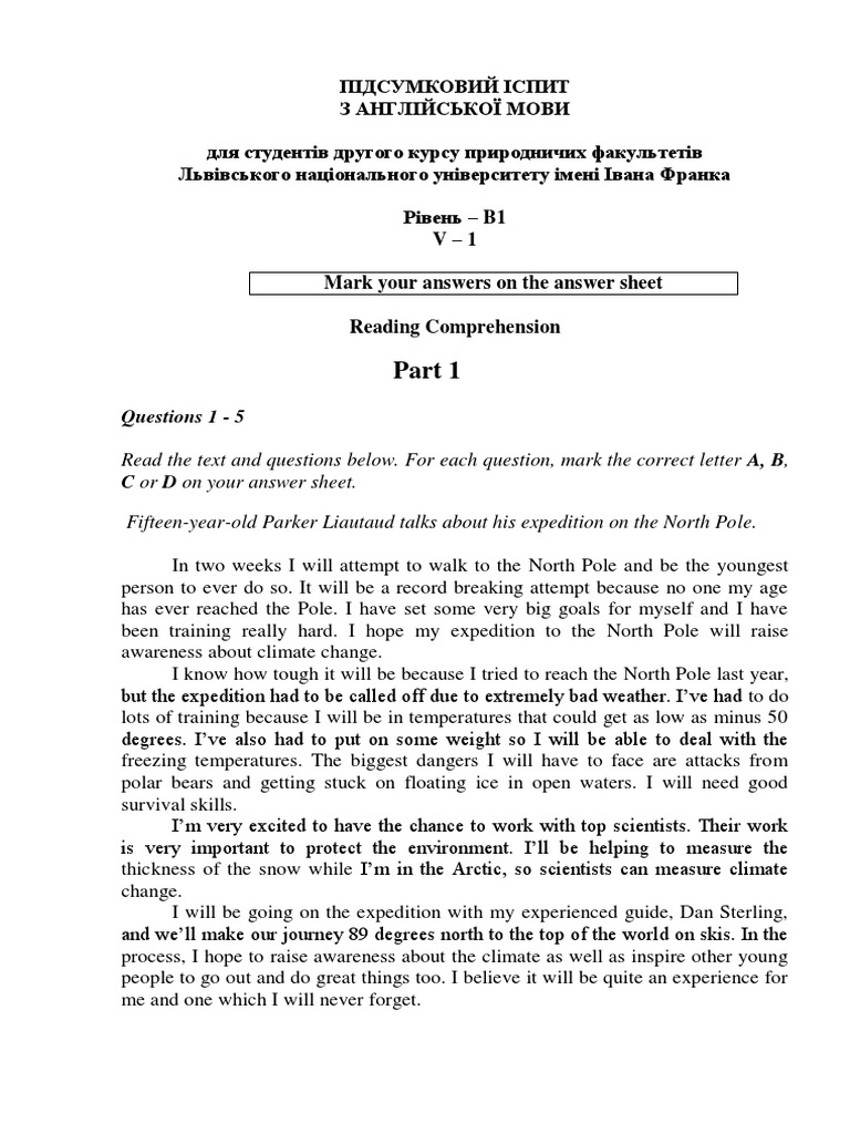 Questions 1 - 5: Read The Text and Questions Below. For Each Question ...