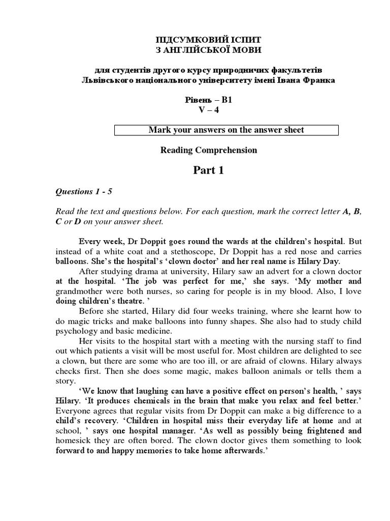 Questions 1 - 5: Read The Text and Questions Below. For Each Question, Mark The Correct Letter A ...