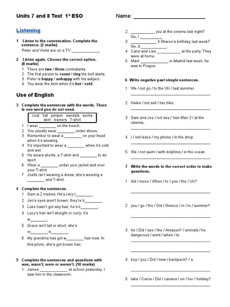 Units 7 and 8 Test 1º ESO | PDF | Language Arts & Discipline | Foreign ...