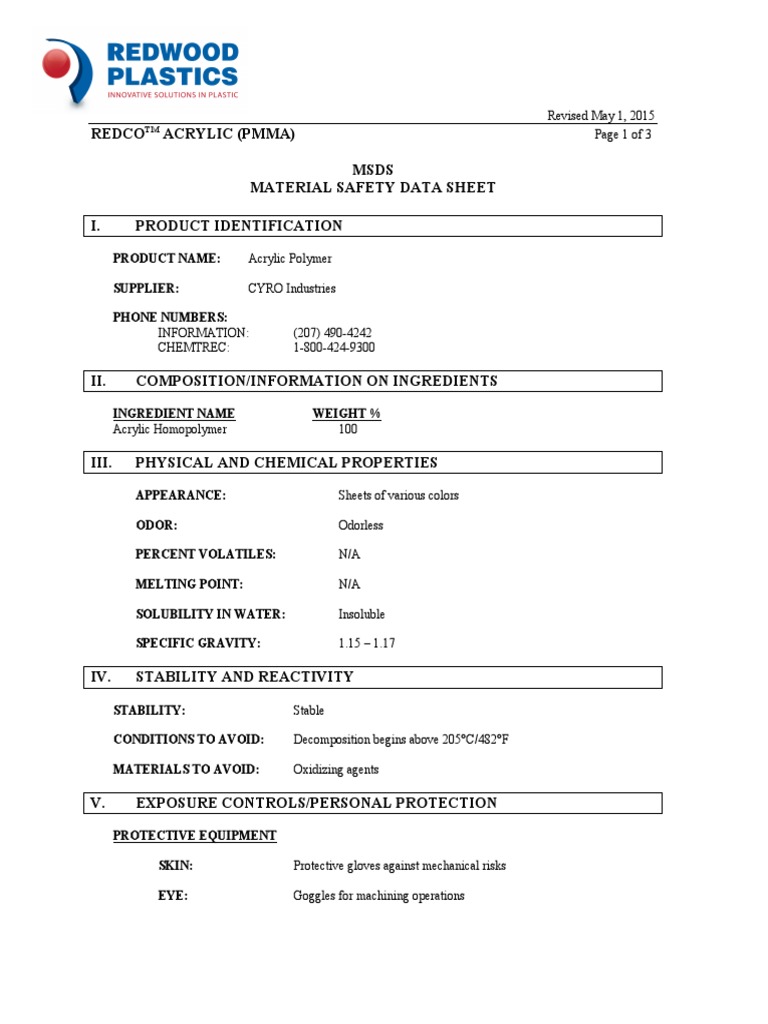 PMMA Acrylic Polymer MSDS | PDF | Poly(Methyl Methacrylate) | Hazards