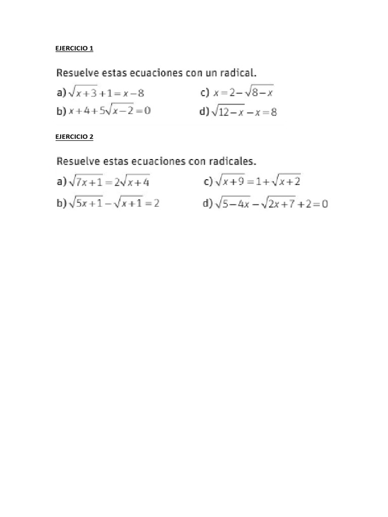 Ejercicios de Ecuaciones Radicales | PDF