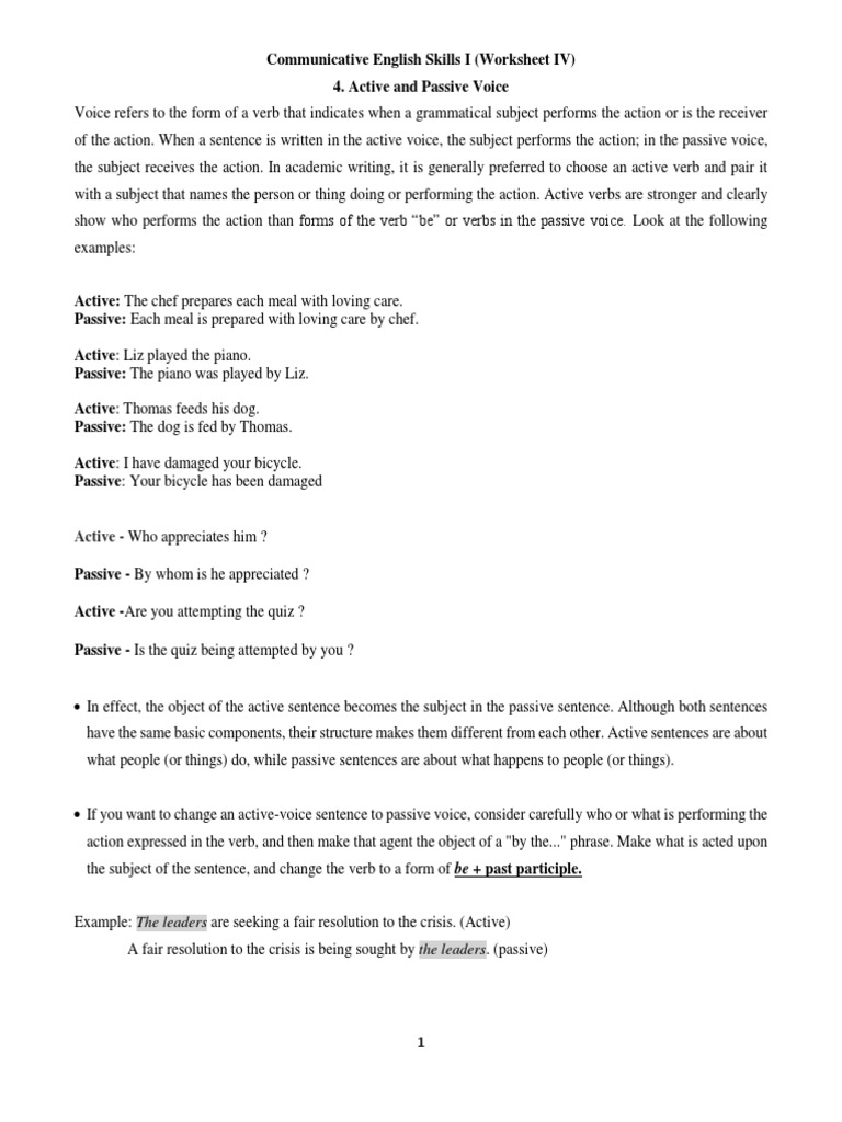 Communicative English I Worksheet IV, Active and Passive Voice | PDF ...