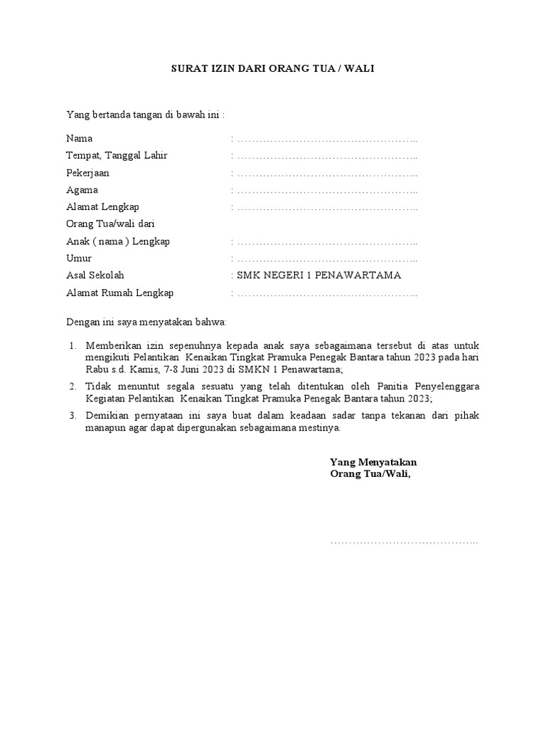 Surat Izin Dari Orang Tua Pramuka | PDF Surat Izin Dari Orang Tua Pramuka | PDF