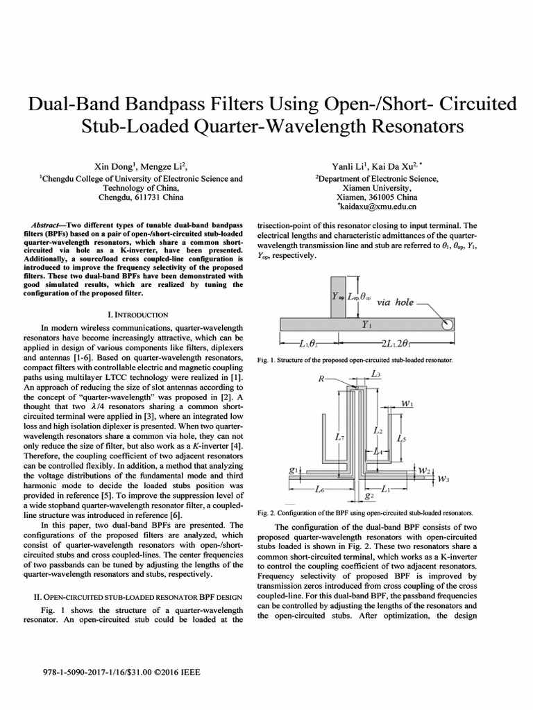 Dualband Bandpass Filter Using Open or Short Circuited Stubs of Quarter Wavelength | Download ...