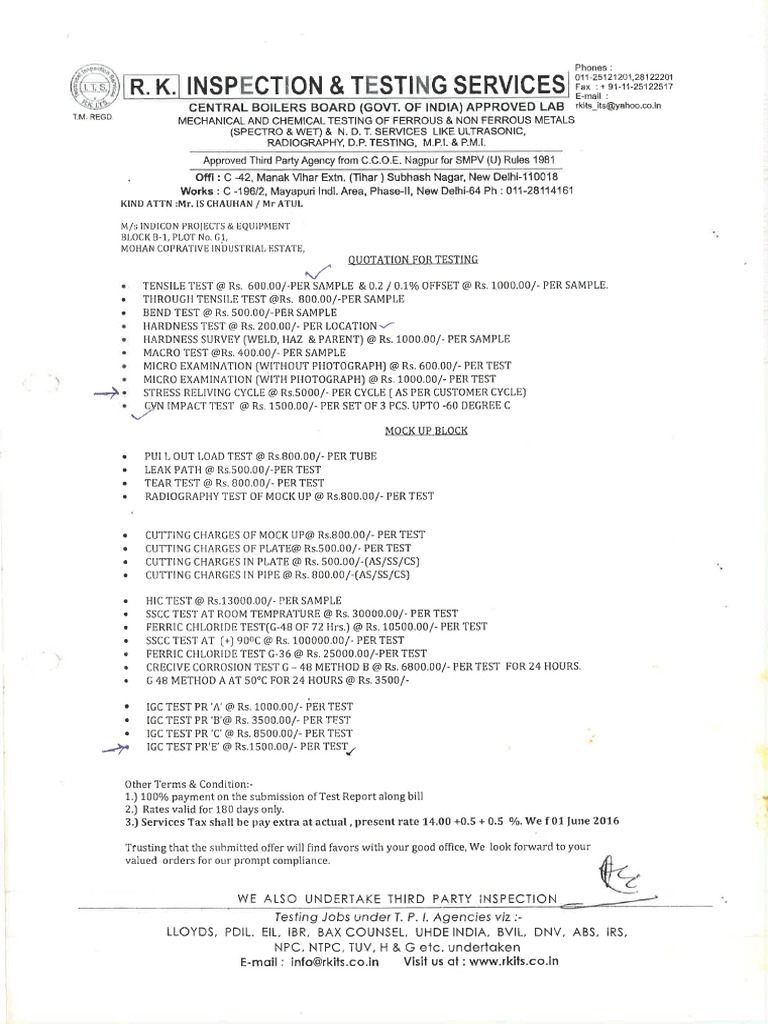 Rate List of R.K. INSPECTION | PDF
