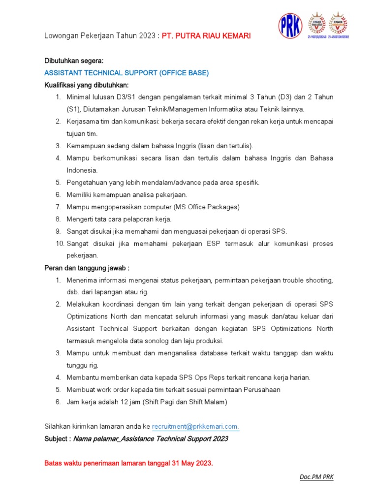 Lowongan Kerja PT Putra Riau Kemari | PDF