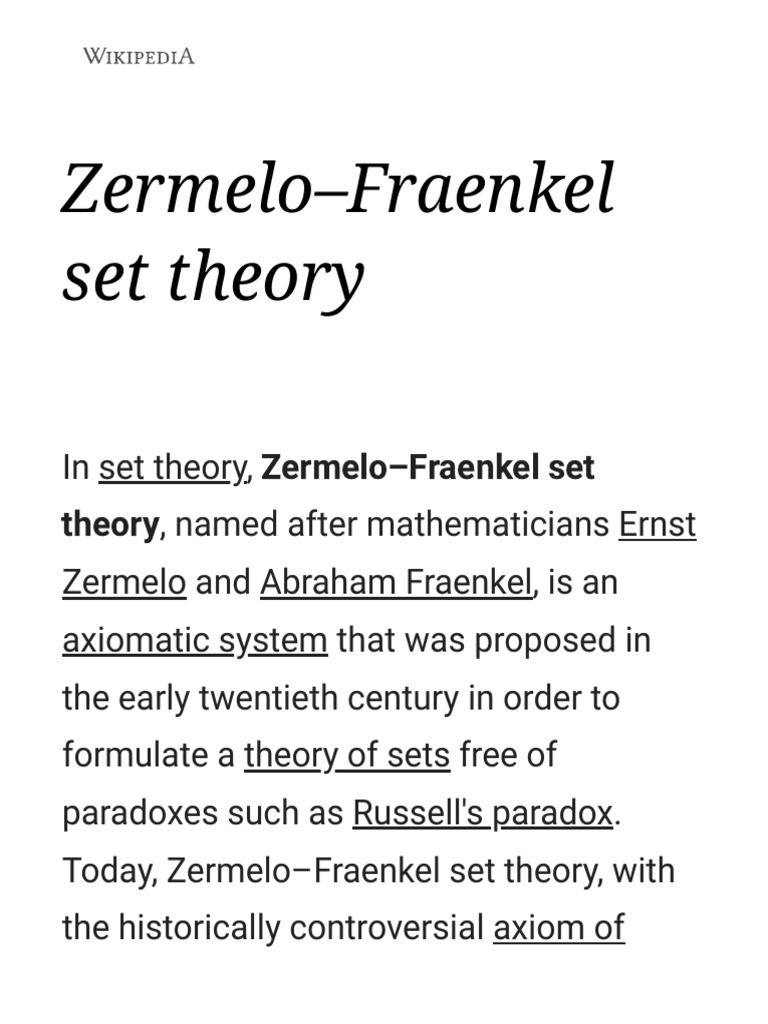 Zermelo–Fraenkel Set Theory - Wikipedia | PDF