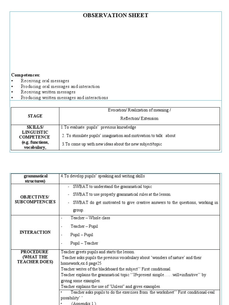 Observation Sheet Example | PDF