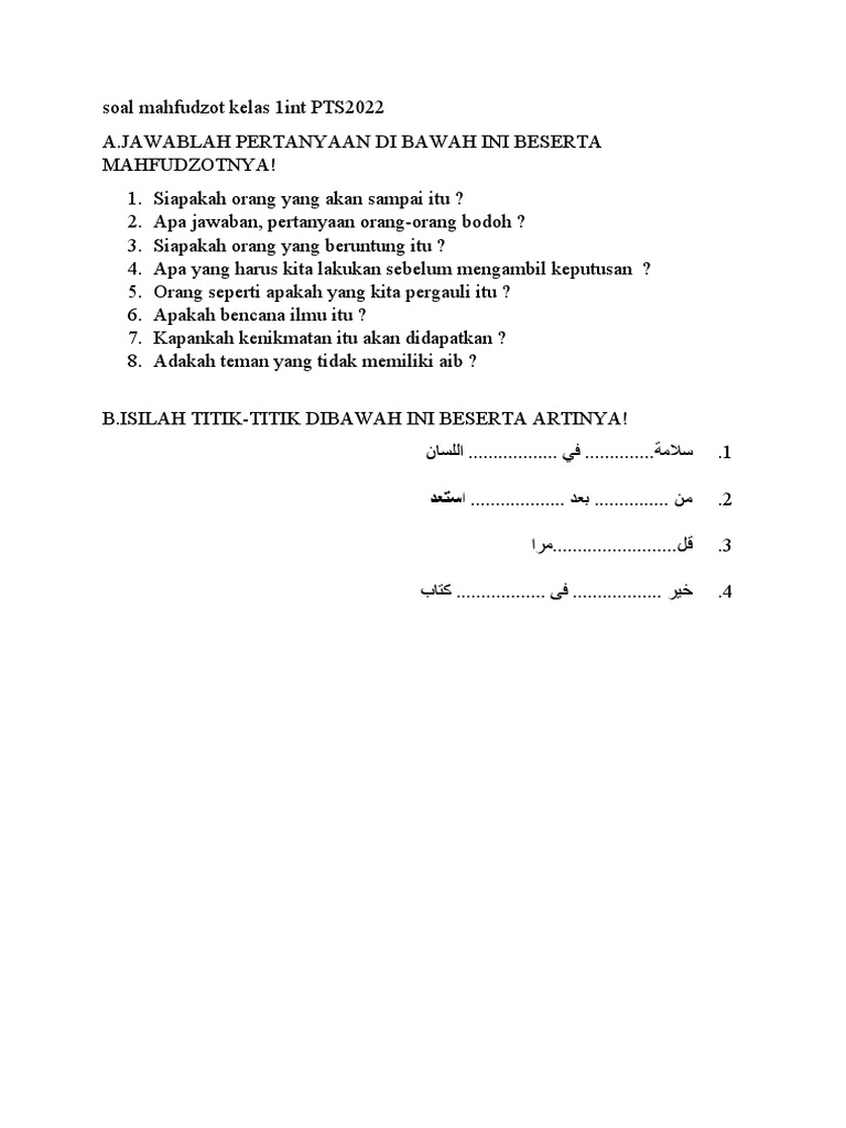 Soal Mahfudzot Kelas 1int PTS2022 | PDF