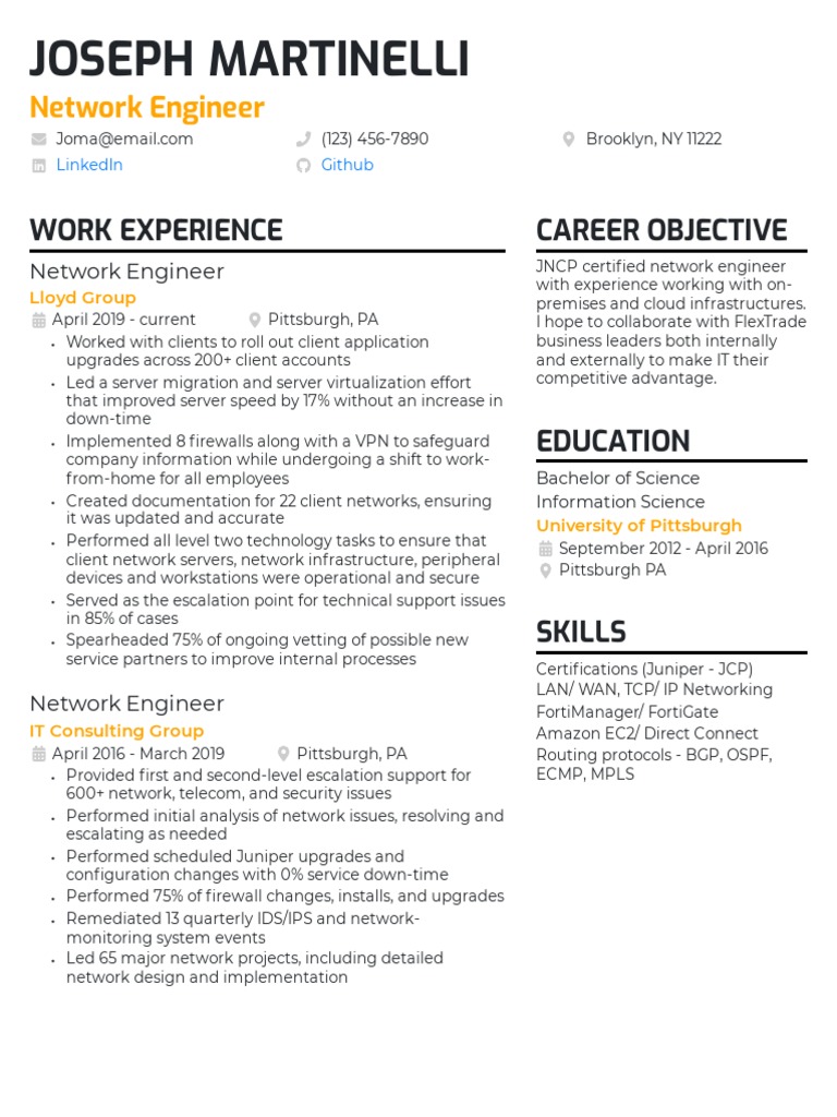 Juniper Network Engineer Resume Example | PDF