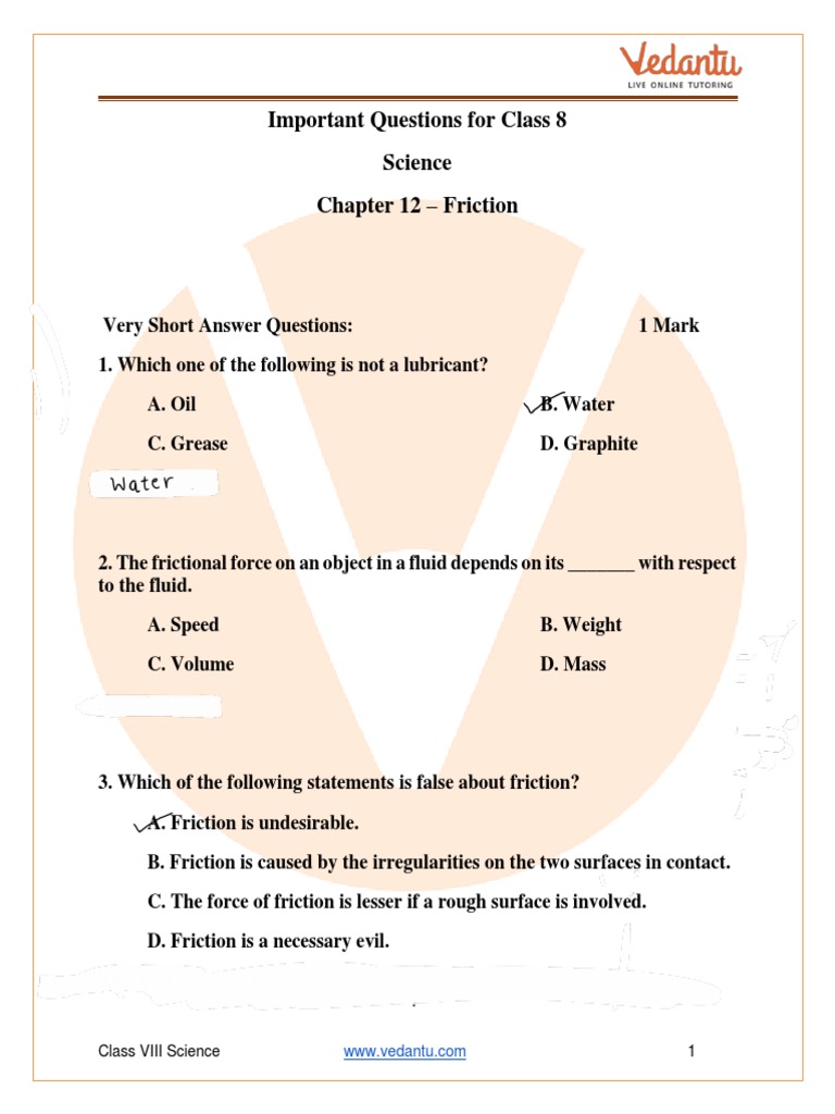 Important Questions For CBSE Class 8 Science Chapter 12 | PDF | Friction | Force