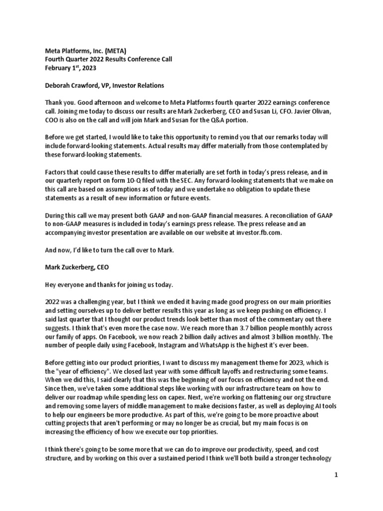 META Q4 2022 Earnings Call Transcript | PDF | Virtual Reality | Artificial Intelligence