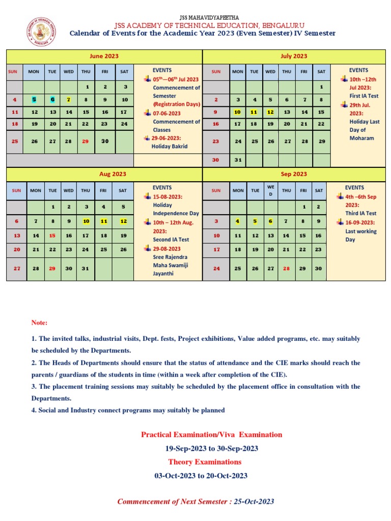JSSATEB - Calendar - of - Events - 2023 - 24 - Even - Semester - IV Sem | PDF | Academic Term ...