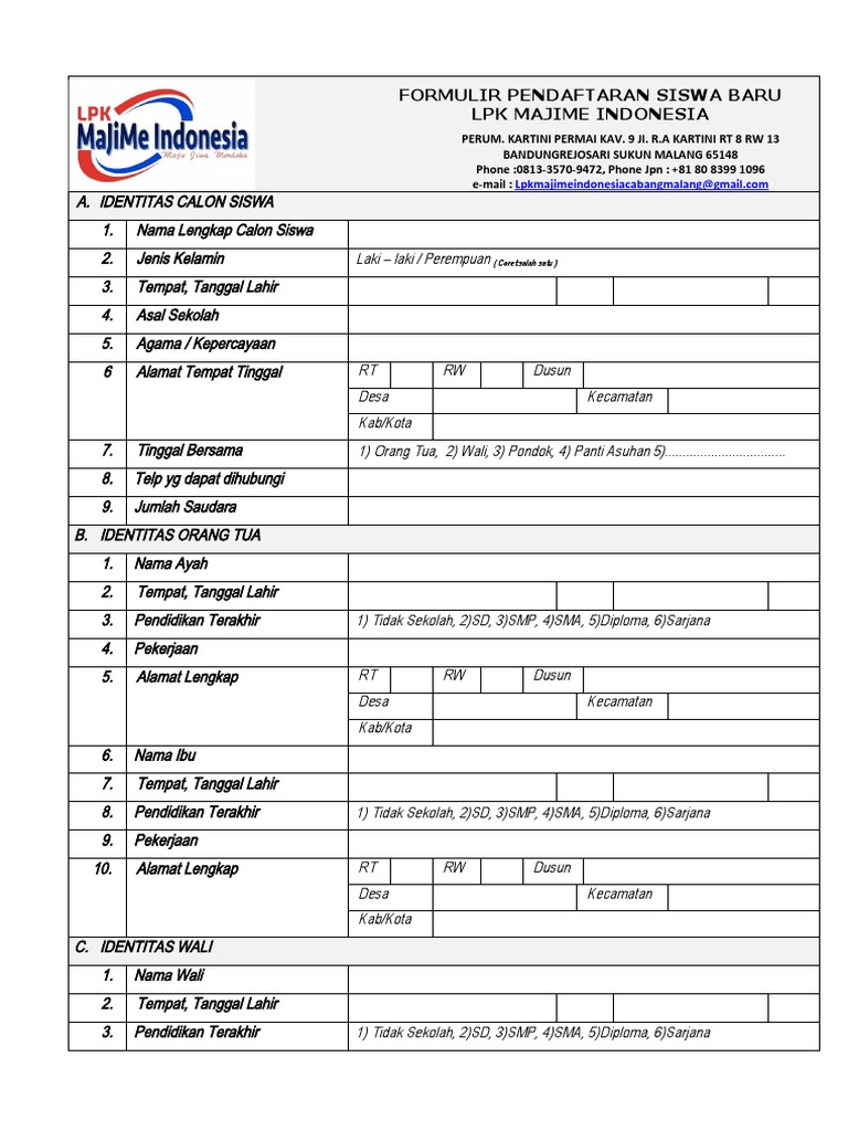 Formulir Pendaftaran LPK Majime | PDF