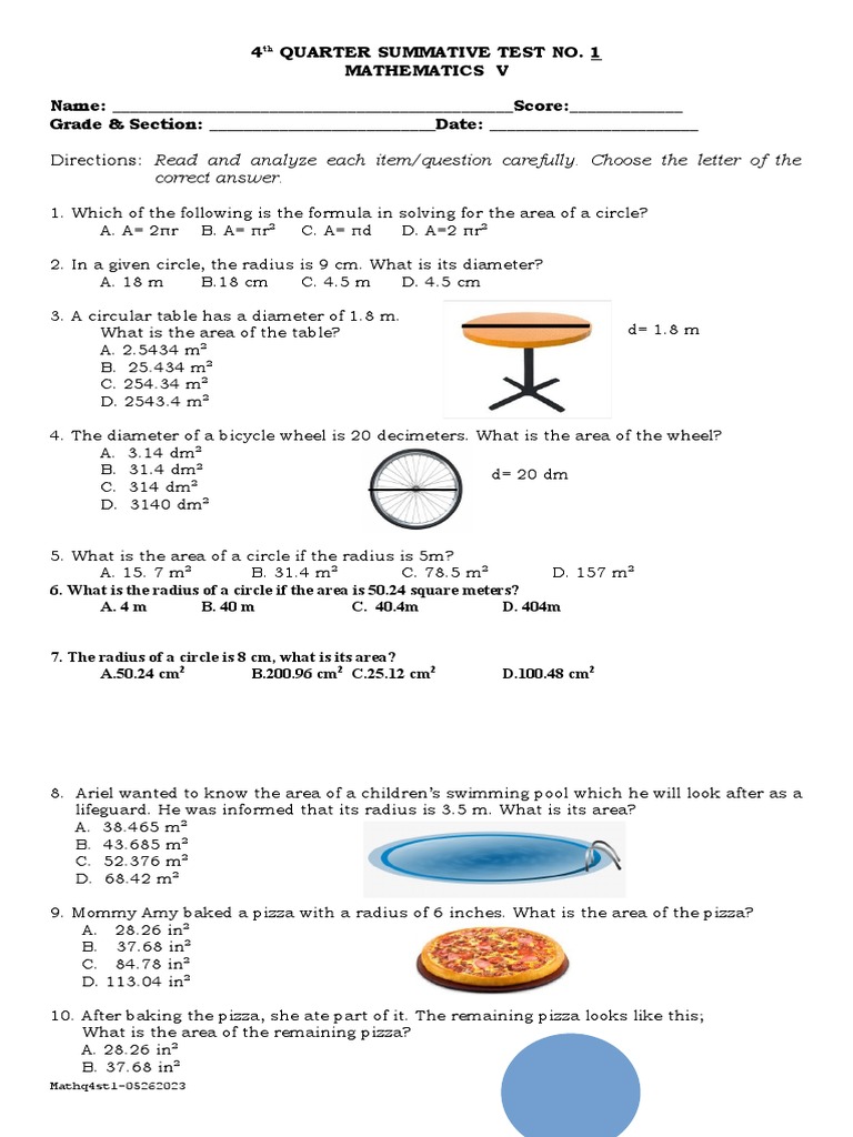 4th QUARTER - MATH 5 - SUMMATIVE TEST NO.1 | PDF | Volume | Area