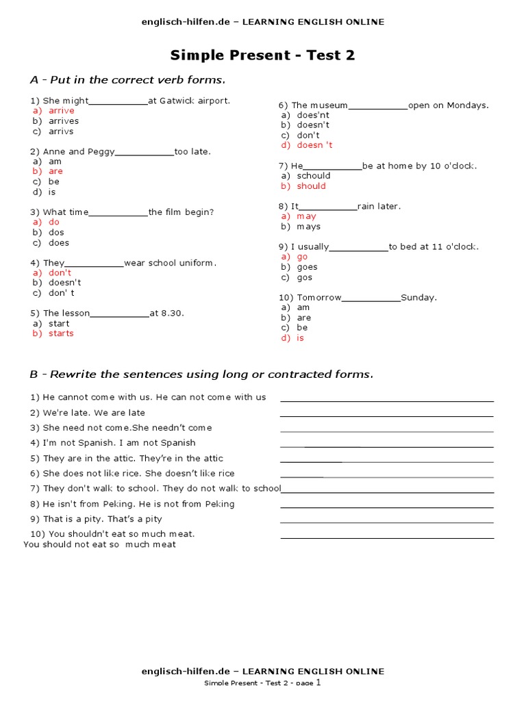 Test Simple Present2 en | PDF