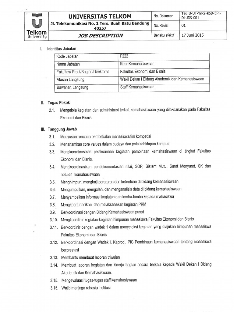 Jobdesc KaUr Kemahasiswaan | PDF