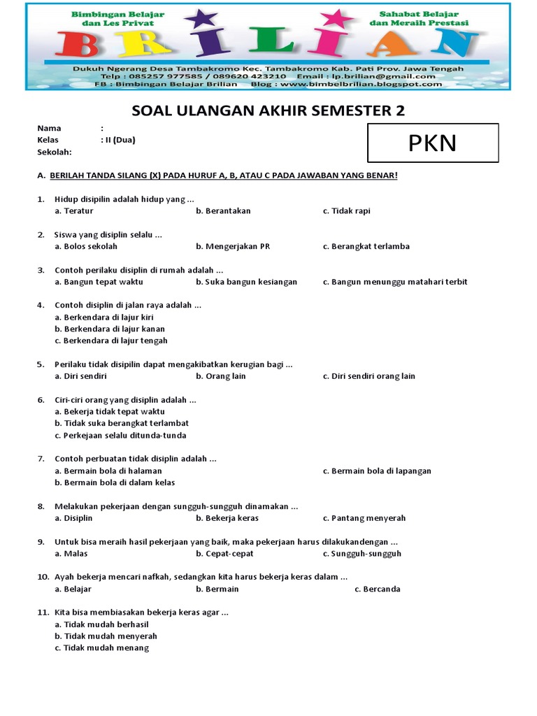 Soal UAS PKN Kelas 2 SD Semester 2 Dilengkapi Kunci Jawaban | PDF