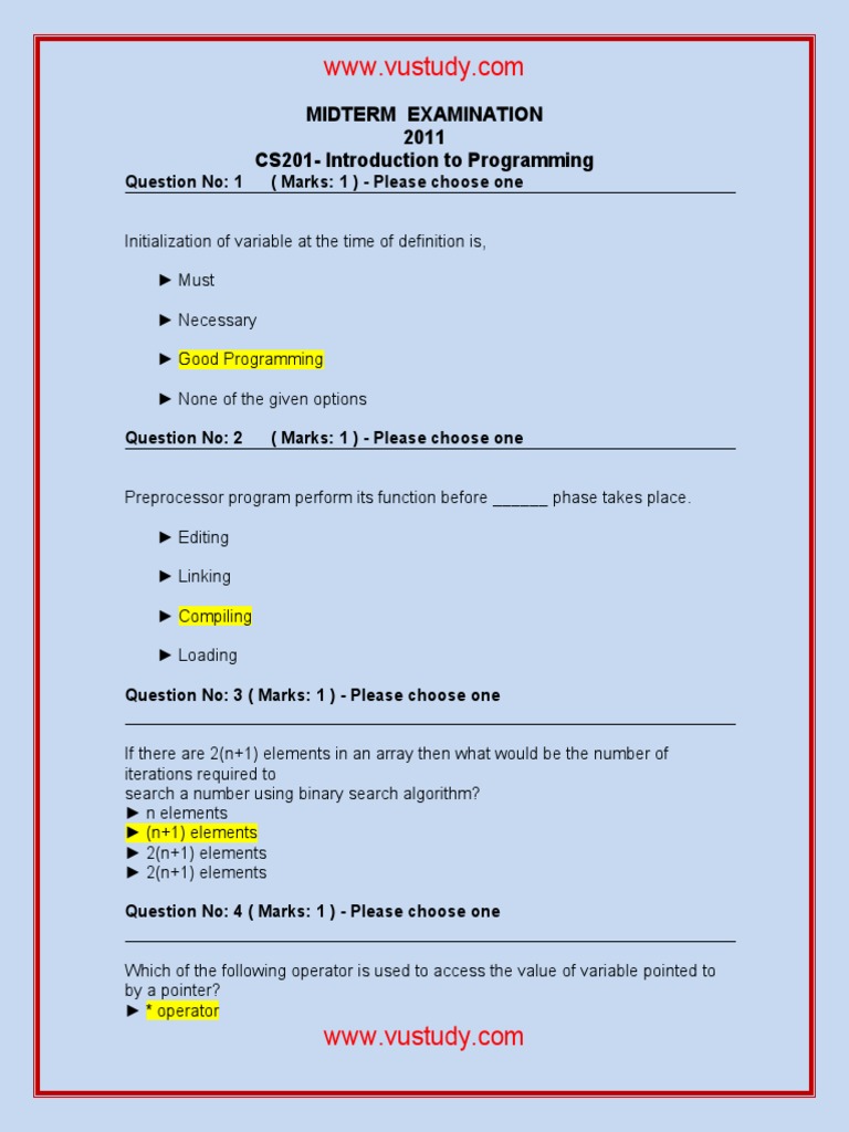 CS201 Midterm Solved MCQs With Reference | PDF | Pointer (Computer ... CS201 Midterm Solved MCQs With Reference | PDF | Pointer (Computer ...
