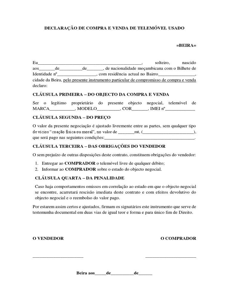 Declaração de Compra e Venda de Telemóvel Usado | PDF | Negócios ...