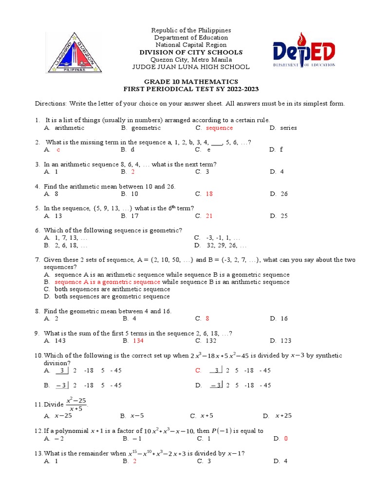 Gr.10 First PT 2022 2023 JJLHS With Answer Key | PDF | Elementary Mathematics | Arithmetic