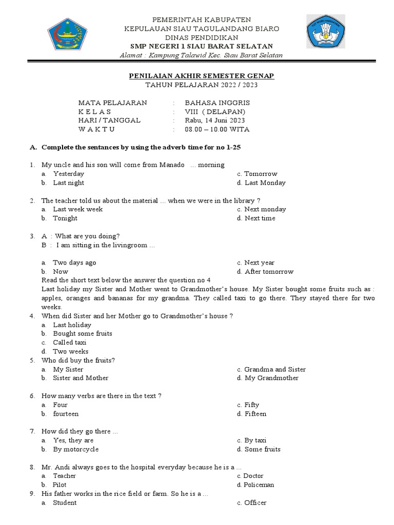 Soal PAS Bahasa Inggris Kelas 8 Semester 1 | PDF