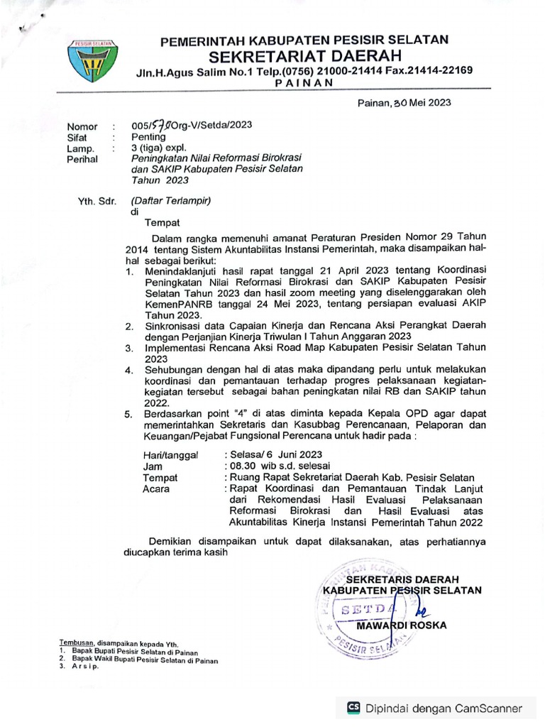 Surat Peningkatan Nilai SAKIP & RB - 230531 - 154751 | PDF