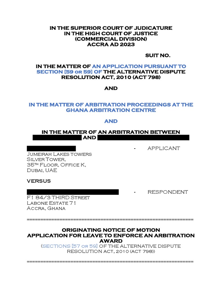 Applicaton For Leave To Enforce Arbitral Award (Sample) | PDF