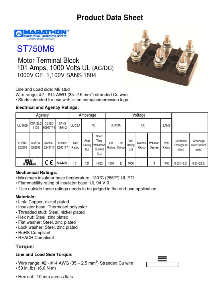 ST750M6 Motor Terminal Block Data Sheet | PDF