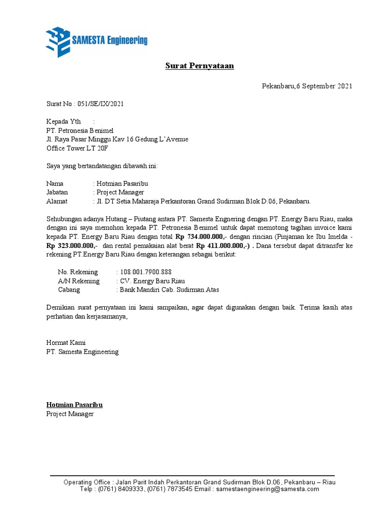 Surat Pernyataan Potong Tagihan Ke PB | PDF