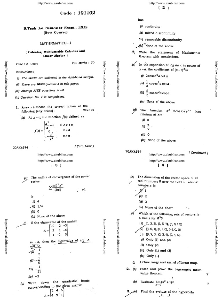 Btech 1 Sem Mathematics Calculus Multivariable Calculus and Linear ...