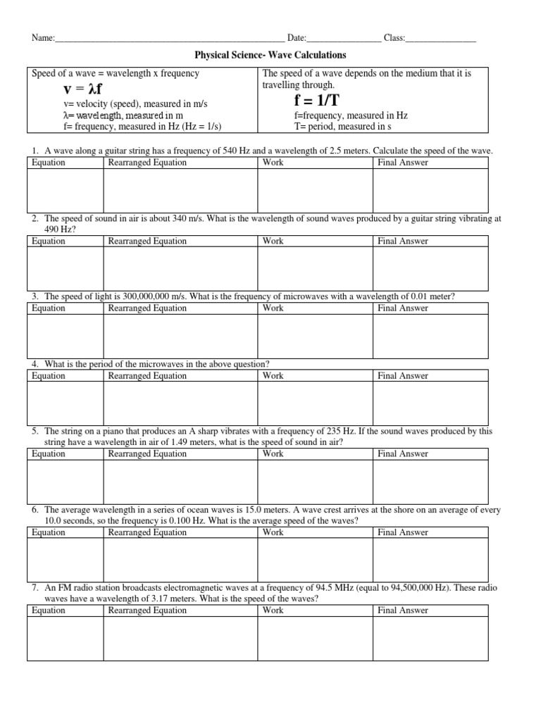Physics Waves Worksheet | Download Free PDF | Frequency | Wavelength