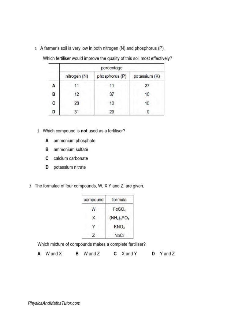 Nitrogen & Fertilisers (Multiple Choice) QP | PDF | Fertilizer | Ammonium