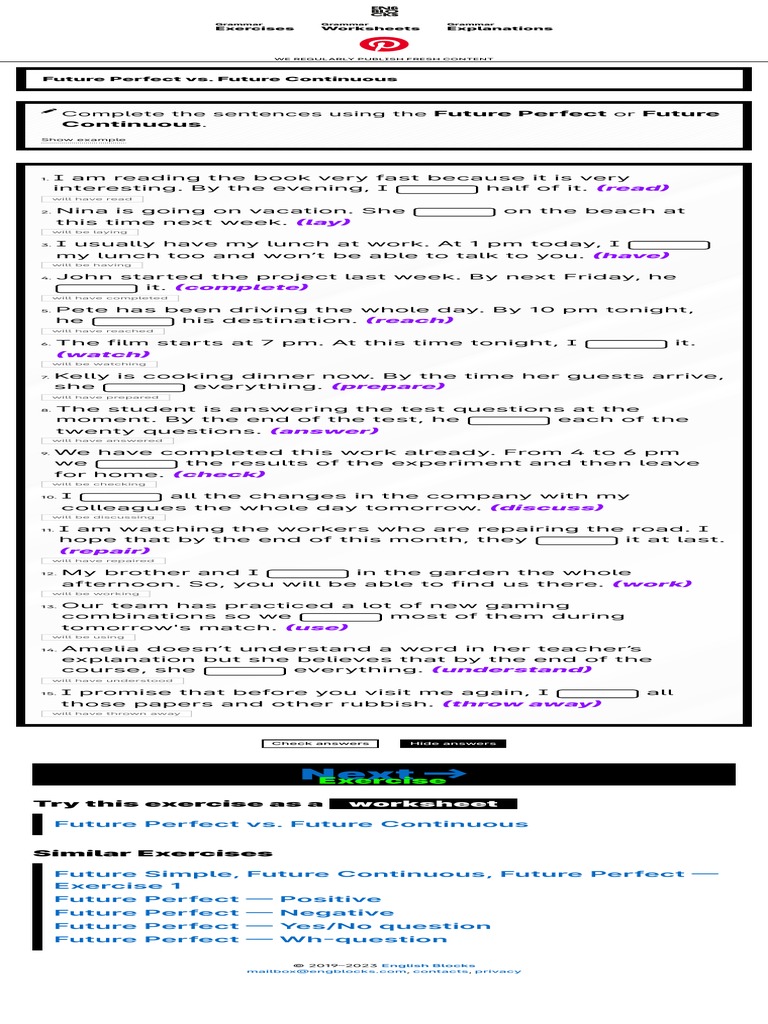 Future Perfect vs. Future Continuous - Exercise English Grammar Online ...