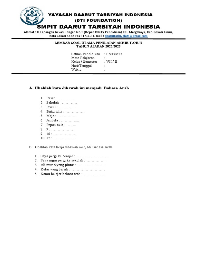 Soal Tamrin Lughoh Kelas 8 (Reguler) | PDF
