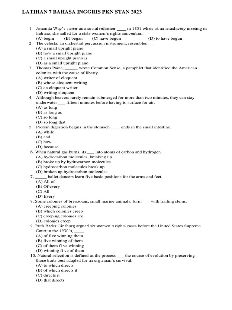 Latihan 7 Bahasa Inggris PKN Stan 2023 | PDF
