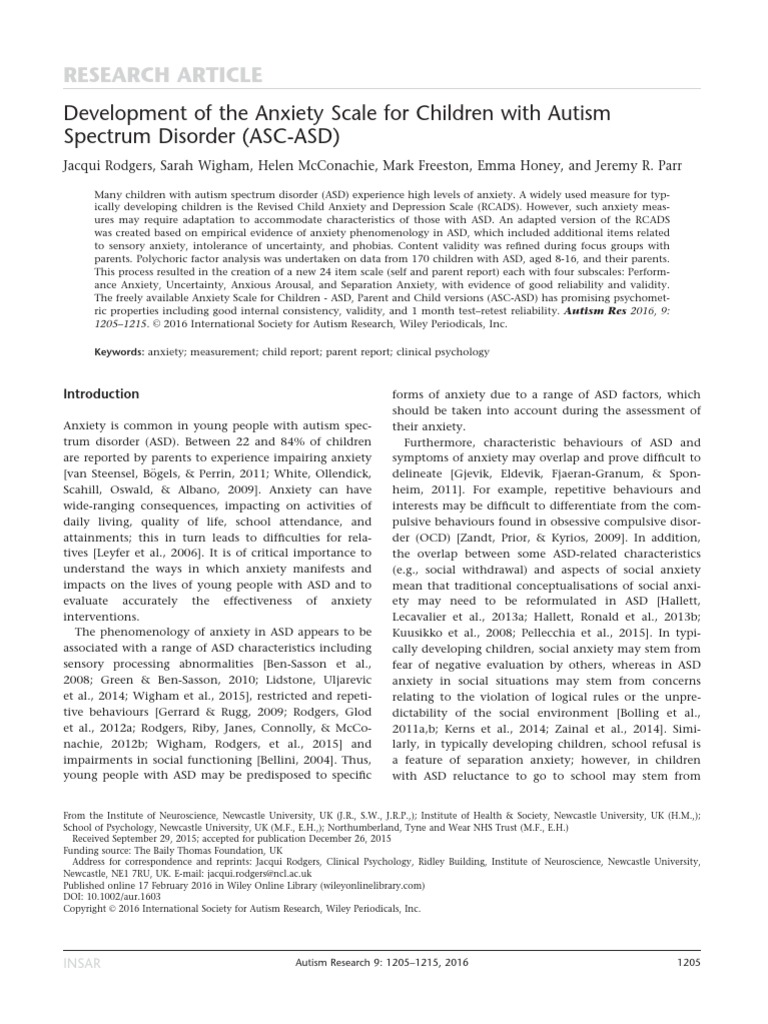 Autism Research - 2016 - Rodgers - Development of The Anxiety Scale For ...