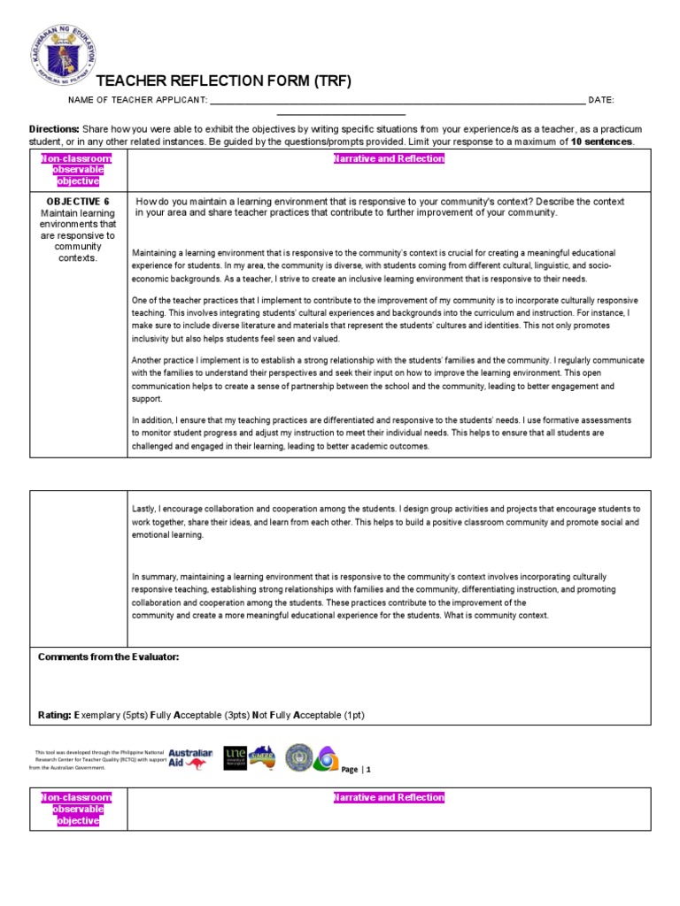 Teacher Reflection on Community Context | PDF | Teachers | Learning