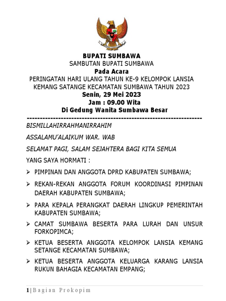 Hut Kelompok Lansia Kemang Satange Kecamatan Sumbawa Ke-9 2023 | PDF