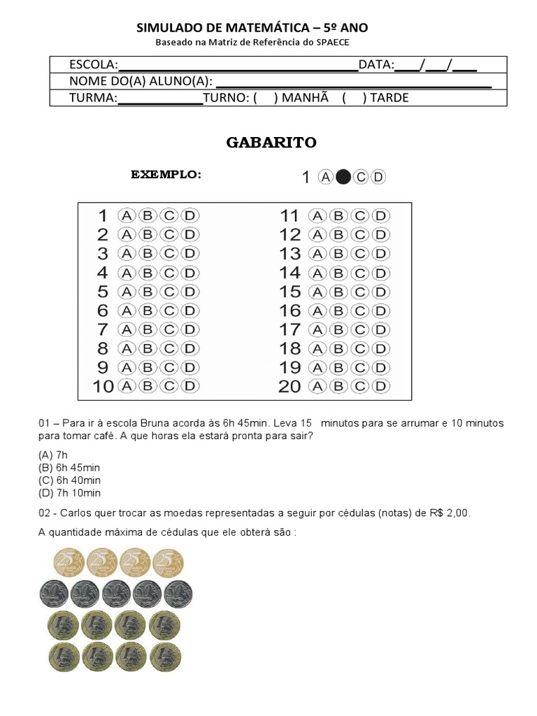 Simulado Maio 5° Ano | PDF